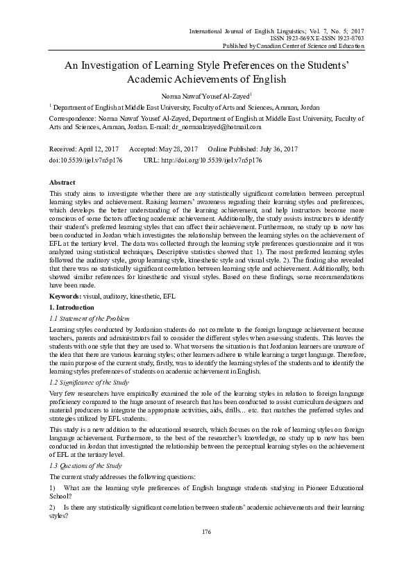 (PDF) An Investigation of Learning Style Preferences on the Students’ Academic Achievements of ...