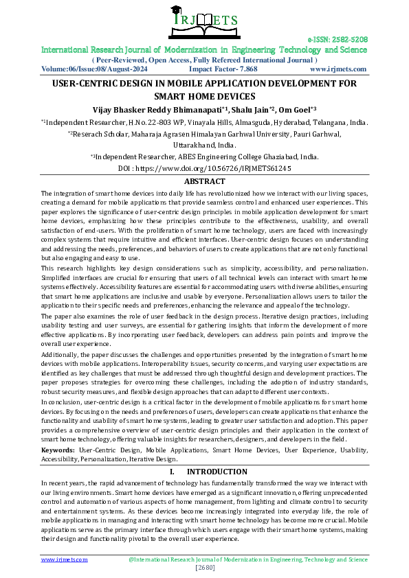 (PDF) USER-CENTRIC DESIGN IN MOBILE APPLICATION DEVELOPMENT FOR SMART HOME DEVICES