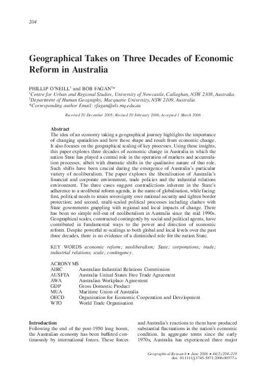 (PDF) Geographical Takes on Three Decades of Economic Reform in Australia