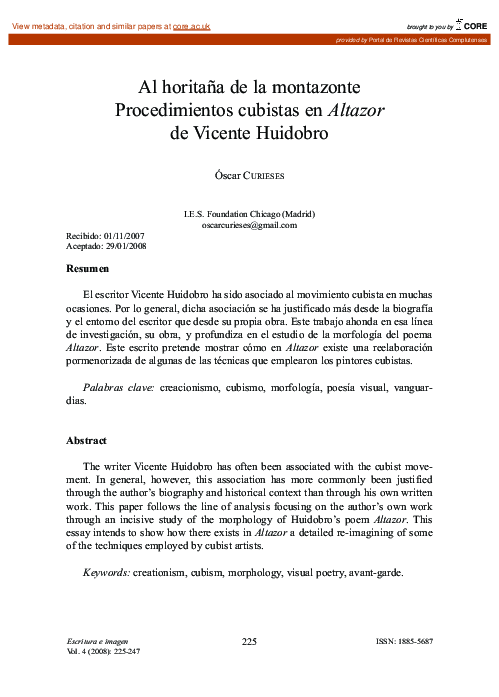 (PDF) Al horitaña de la montazonte: procedimientos cubistas en Altazor ...