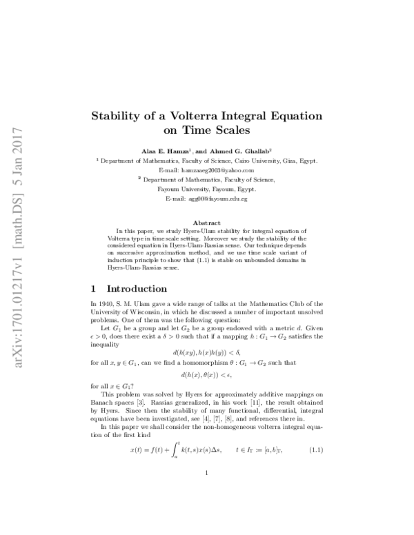 (PDF) Stability of a Volterra Integral Equation on Time Scales