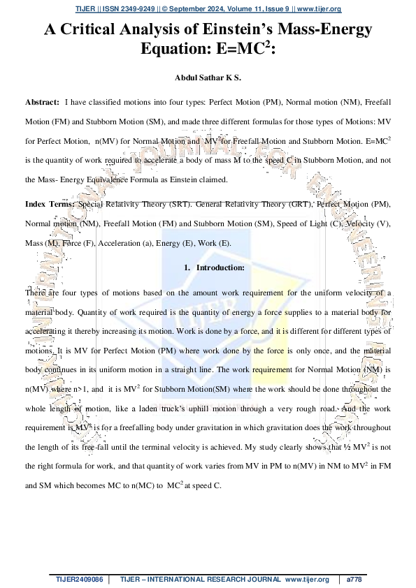 (PDF) A Critical Analysis of Einstein's Mass-Energy Equation: E=MC 2