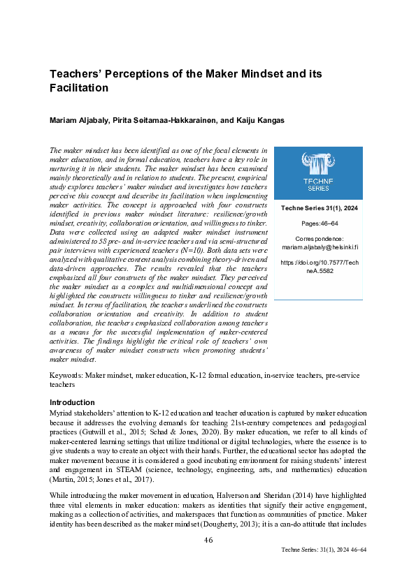 (PDF) Teachers’ Perceptions of the Maker Mindset and its Facilitation