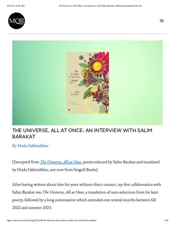 (PDF) THE UNIVERSE, ALL AT ONCE: AN INTERVIEW WITH SALIM BARAKAT