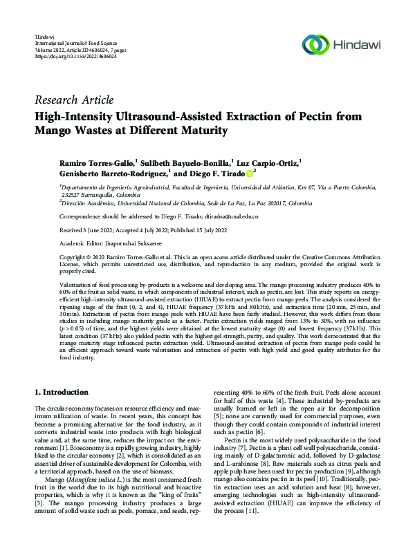 (PDF) High-Intensity Ultrasound-Assisted Extraction of Pectin from ...