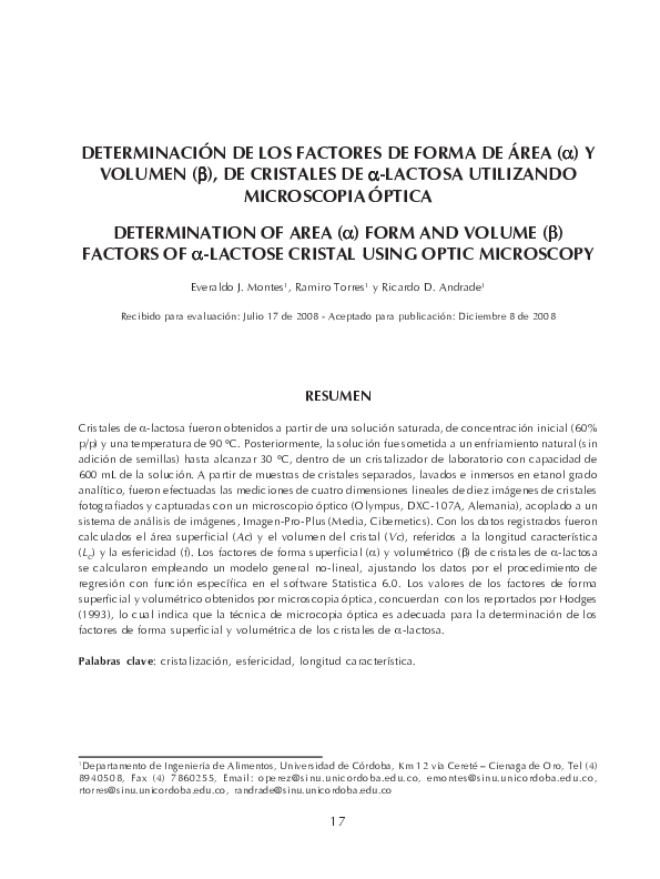 (PDF) Determinación de los Factores de Forma de Área (a) y Volumen (ß), de Cristales de a ...