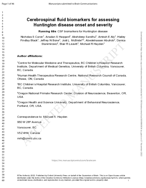 (PDF) Cerebrospinal fluid biomarkers for assessing Huntington disease onset and severity