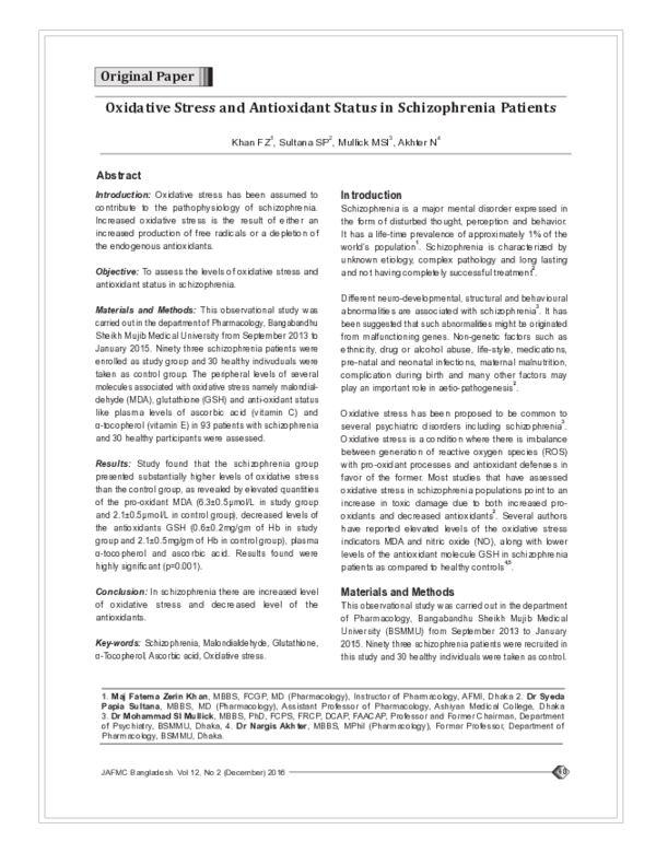 (PDF) Oxidative Stress and Antioxidant Status in Schizophrenia Patients