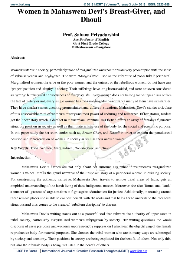 (PDF) Women in Mahasweta Devi’s Breast-Giver, and Dhouli