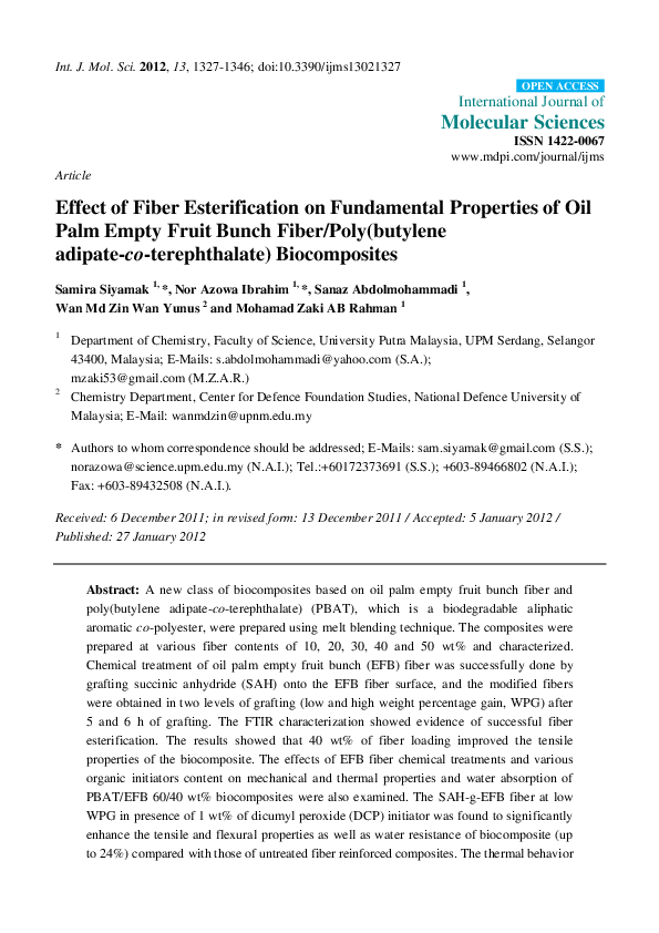 (PDF) Effect of Fiber Esterification on Fundamental Properties of Oil Palm Empty Fruit Bunch ...