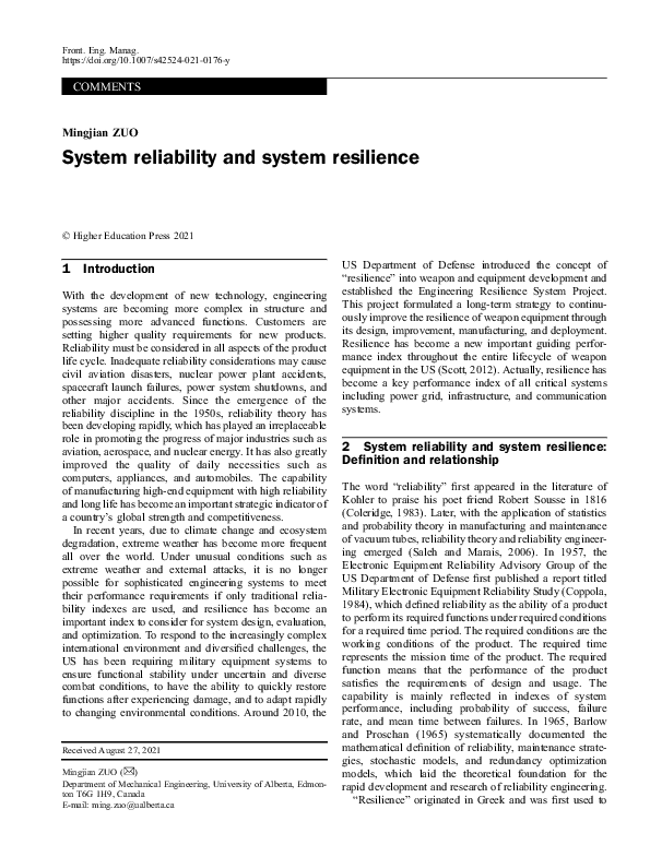 (PDF) System reliability and system resilience