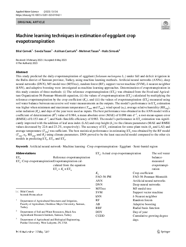 (PDF) Machine learning techniques in estimation of eggplant crop evapotranspiration
