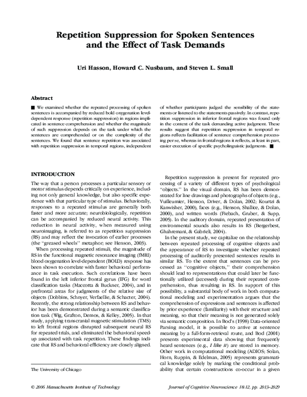 (PDF) Repetition Suppression for Spoken Sentences and the Effect of ...