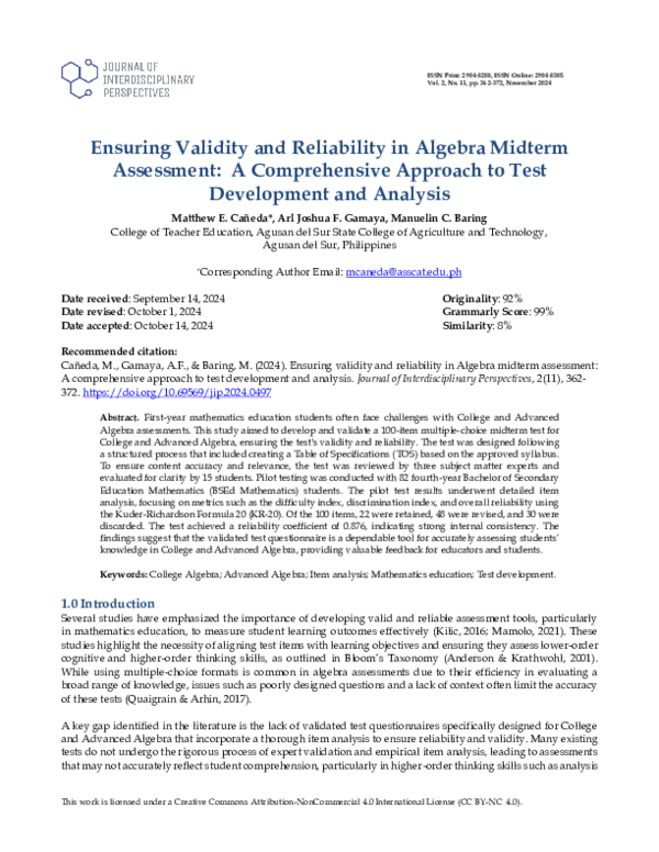 (PDF) Ensuring Validity and Reliability in Algebra Midterm Assessment: A Comprehensive Approach ...