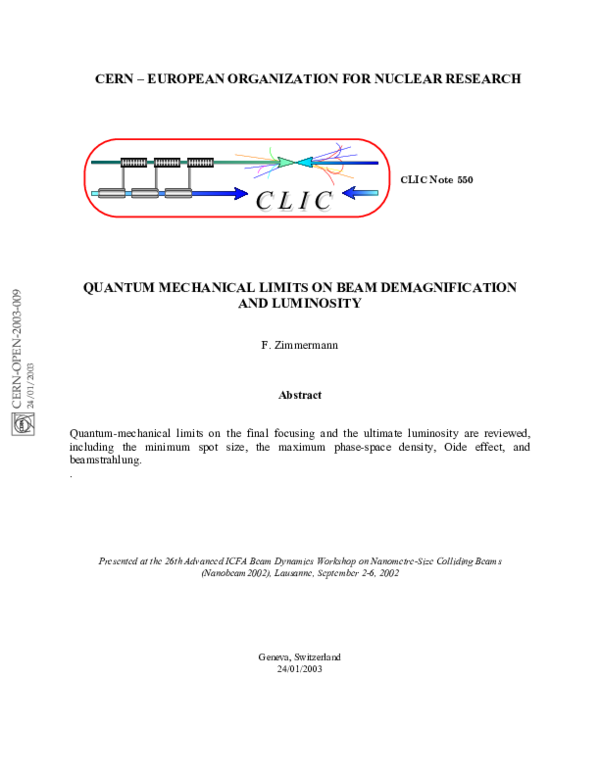 (PDF) Quantum Mechanical Limits on Beam Demagnification and Luminosity