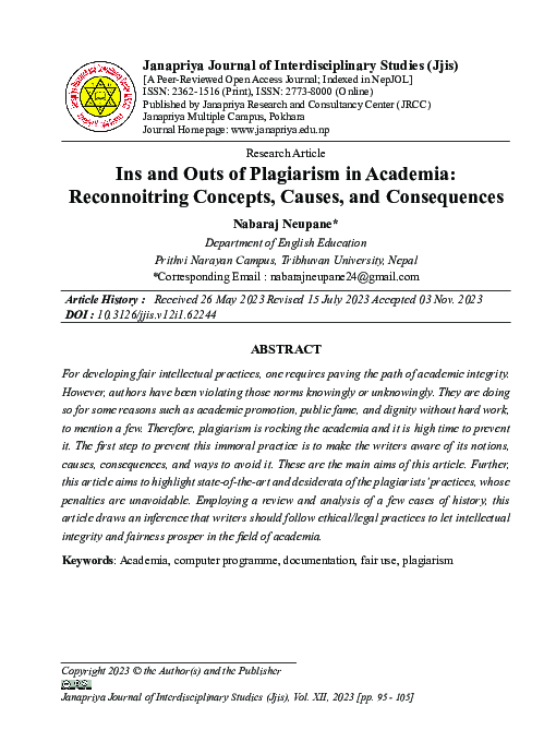(PDF) Ins and Outs of Plagiarism in Academia: Reconnoitring Concepts ...