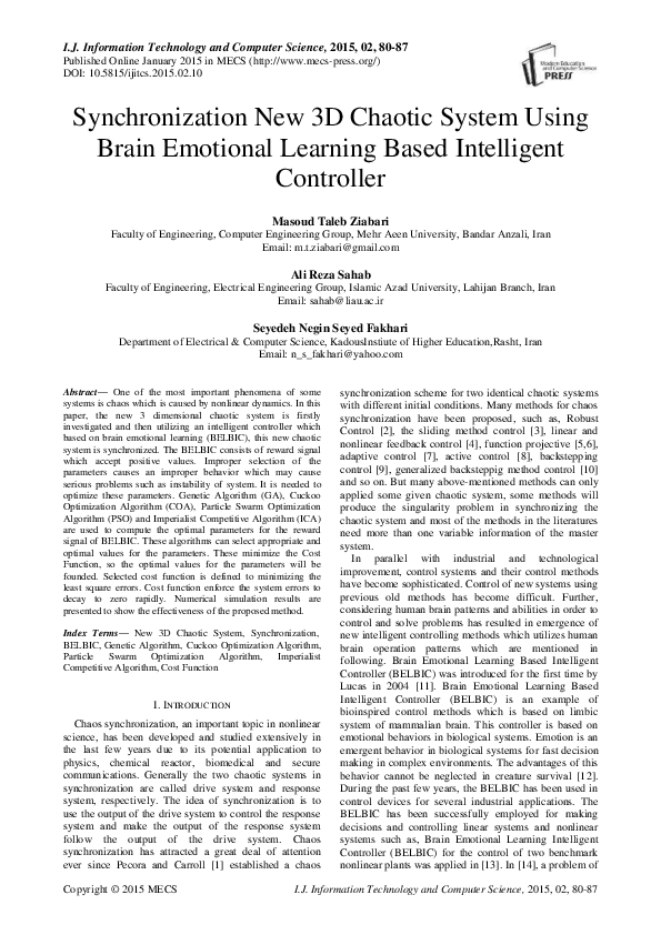 (PDF) Synchronization New 3D Chaotic System Using Brain Emotional ...