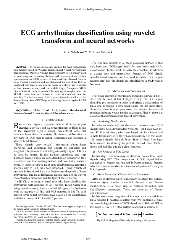Pdf Ecg Arrhythmias Classification Using Wavelet Transform And Neural Networks