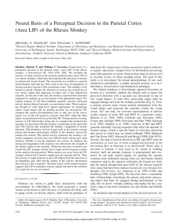 (PDF) Neural Basis of a Perceptual Decision in the Parietal Cortex (Area LIP) of the Rhesus Monkey