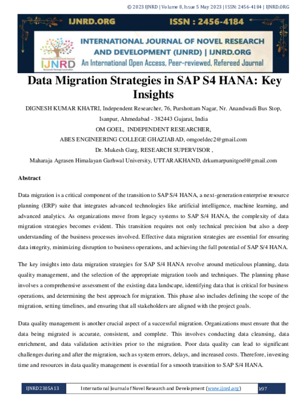 (PDF) Data Migration Strategies in SAP S4 HANA: Key Insights