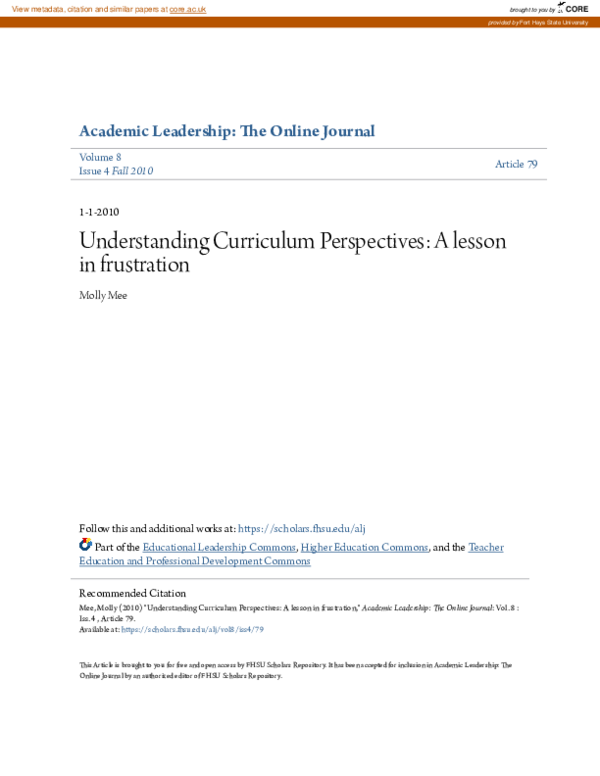 (PDF) Understanding Curriculum Perspectives: A lesson in frustration