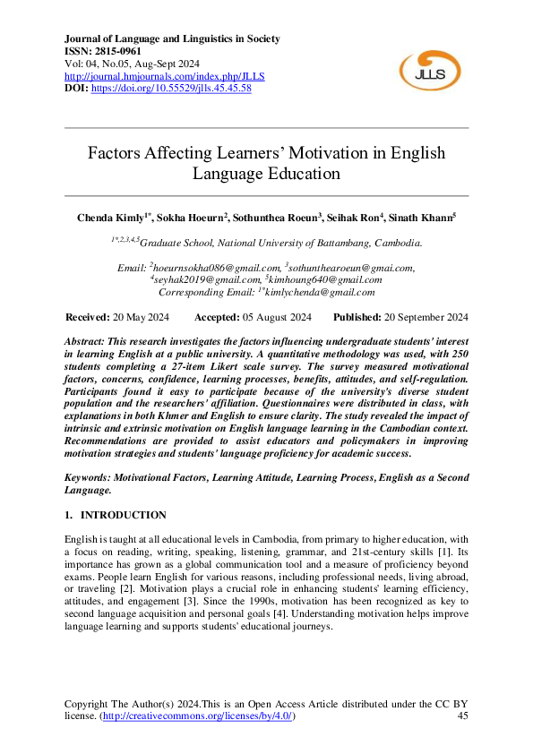 Pdf Factors Affecting Learners Motivation In English Language Education