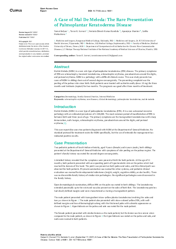 (PDF) A Case of Mal De Meleda: The Rare Presentation of Palmoplantar ...