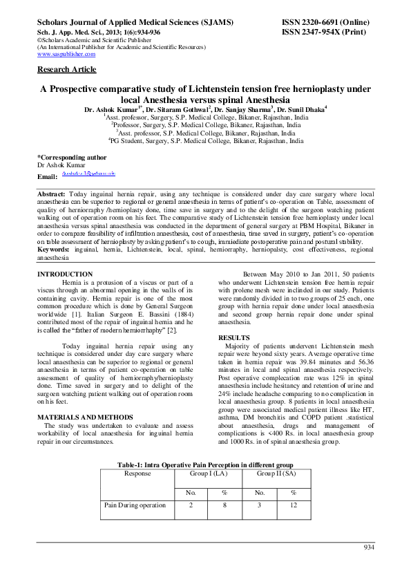(PDF) A Prospective comparative study of Lichtenstein tension free hernioplasty under local ...