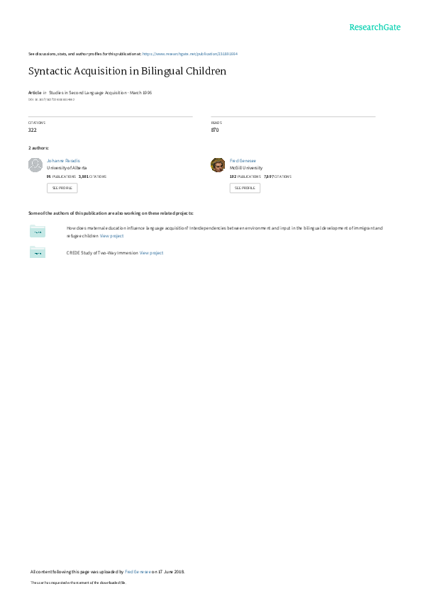 (PDF) Syntactic Acquisition in Bilingual Children