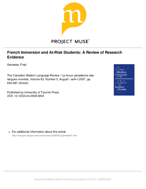 (PDF) French Immersion and At-Risk Students: A Review of Research Evidence
