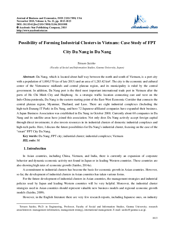 (PDF) Possibility of Forming Industrial Clusters in Vietnam: Case Study of FPT City Da Nang in ...