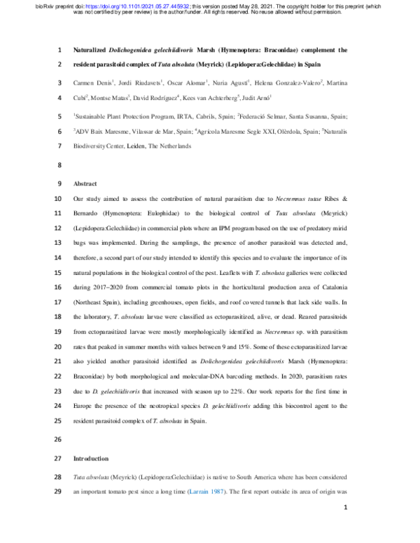 (PDF) Naturalized Dolichogenidea gelechiidivoris Marsh (Hymenoptera ...