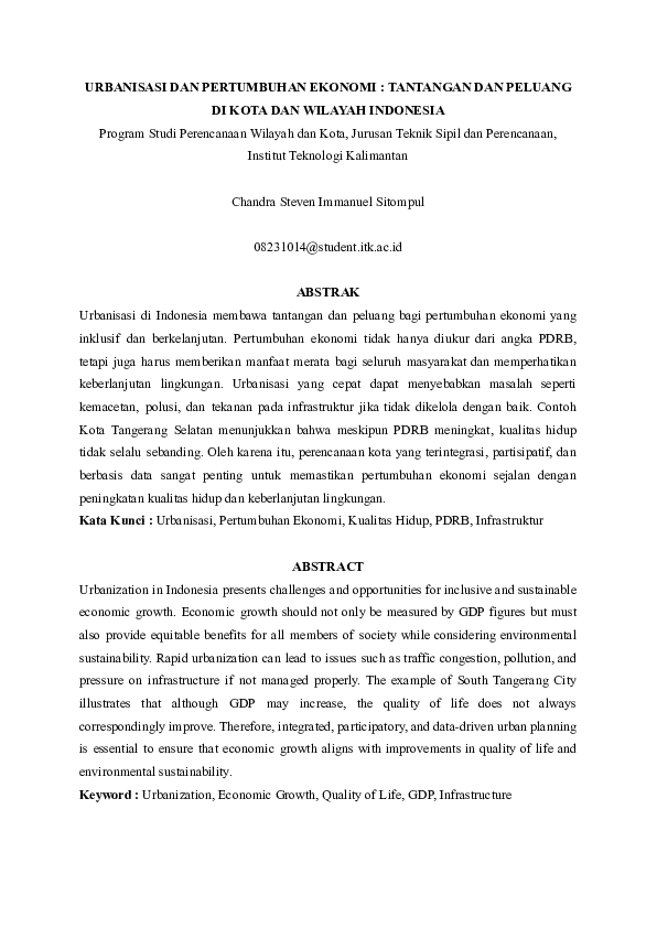 (PDF) URBANISASI DAN PERTUMBUHAN EKONOMI : TANTANGAN DAN PELUANG DI ...