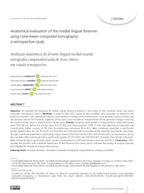 Pdf Anatomical Evaluation Of The Medial Lingual Foramen Using Cone Beam Computed Tomography A