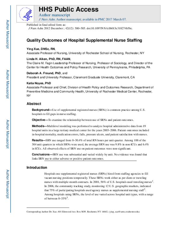 (PDF) Quality Outcomes of Hospital Supplemental Nurse Staffing ...