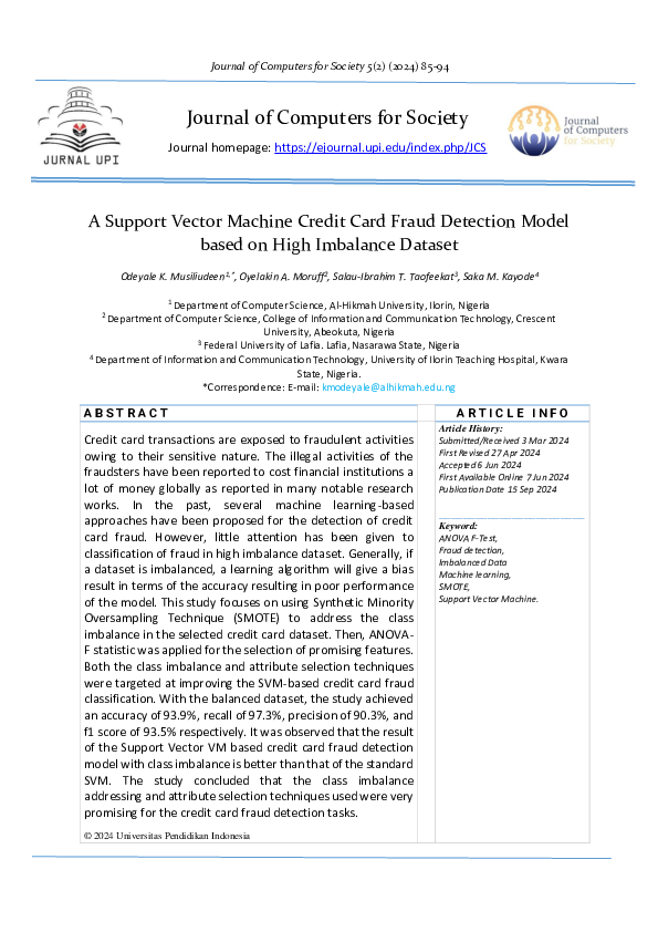 (PDF) A Support Vector Machine Credit Card Fraud Detection Model based on High Imbalance Dataset