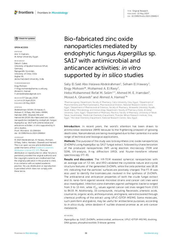 (PDF) Bio-fabricated zinc oxide nanoparticles mediated by endophytic fungus Aspergillus sp. SA17 ...