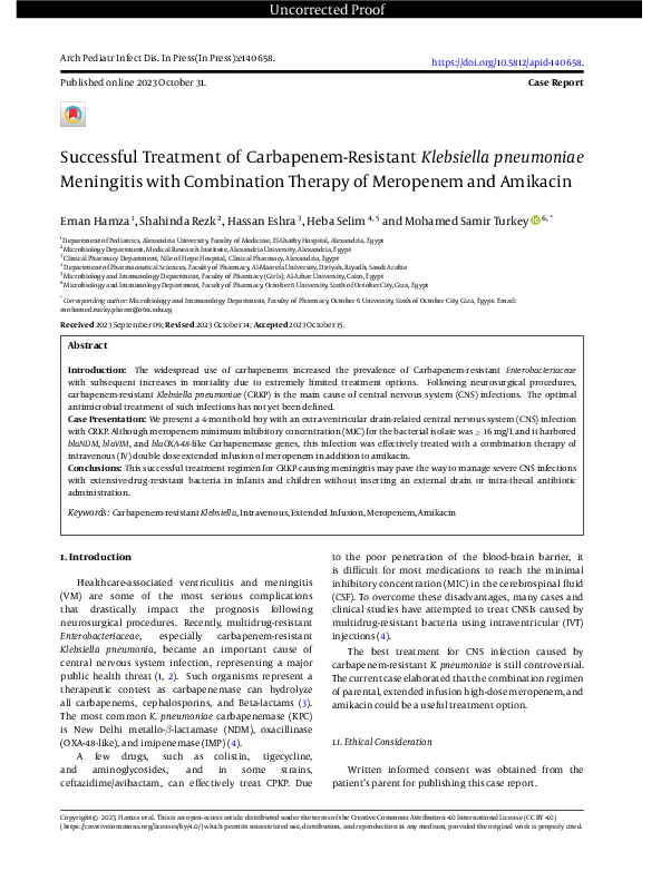 (PDF) Successful Treatment of Carbapenem-Resistant Klebsiella ...