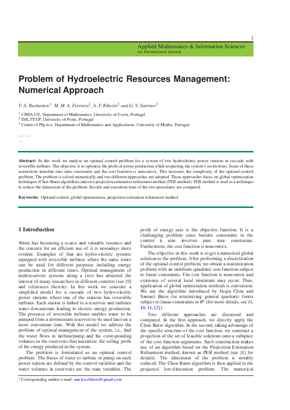 (PDF) Problem of Hydroelectric Resources Management: Numerical Approach