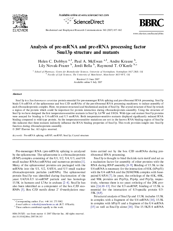 (PDF) Analysis of pre-mRNA and pre-rRNA processing factor Snu13p ...