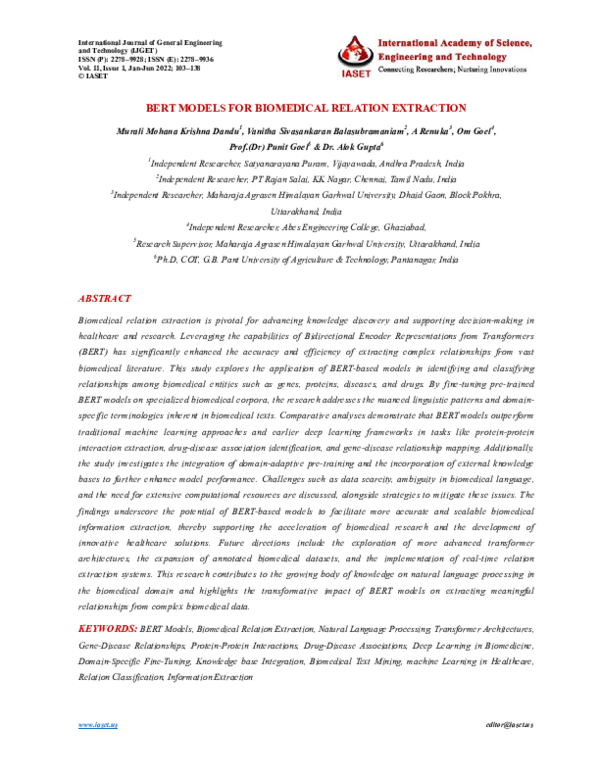 (PDF) BERT MODELS FOR BIOMEDICAL RELATION EXTRACTION