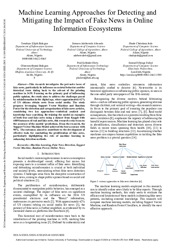(PDF) Machine Learning Approaches for Detecting and Mitigating the Impact of Fake News in Online ...
