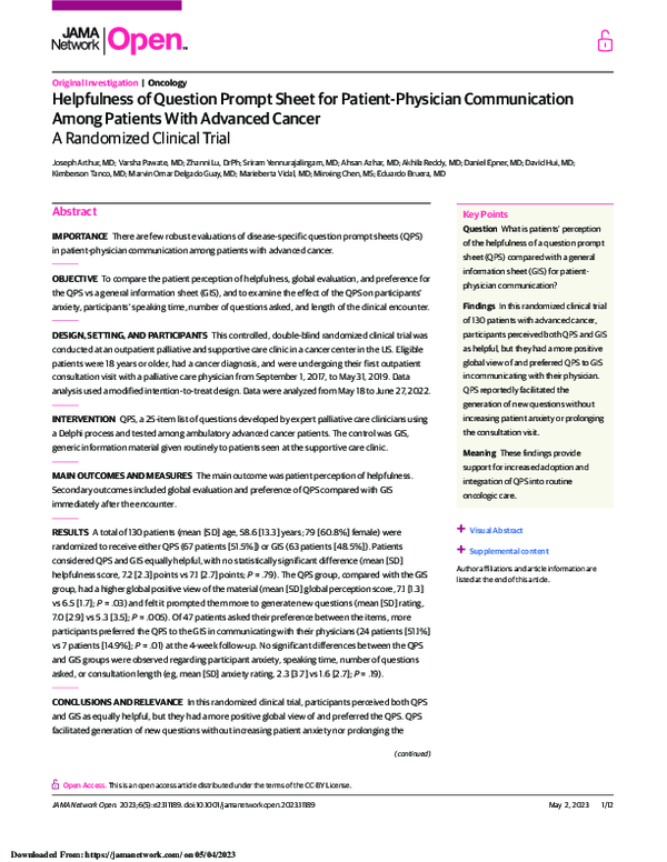 (PDF) Helpfulness of Question Prompt Sheet for Patient-Physician ...