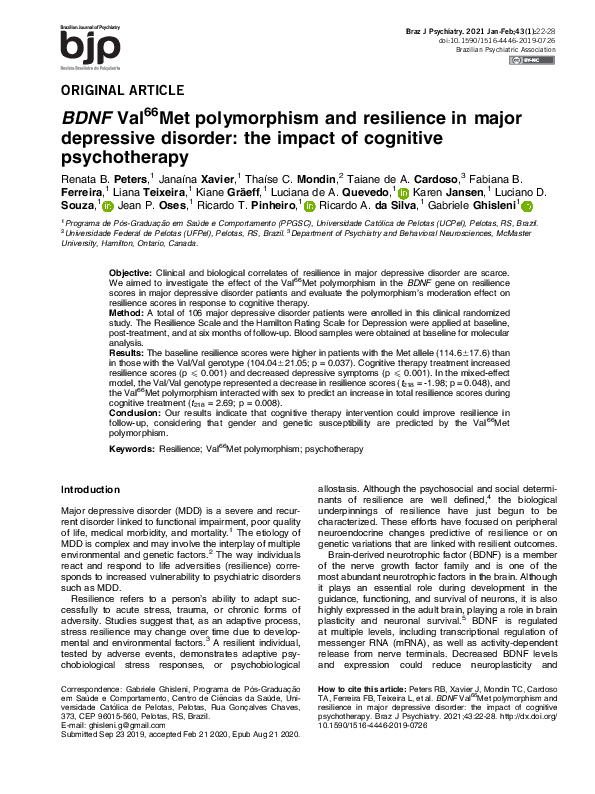 (PDF) BDNF Val66Met polymorphism and resilience in major depressive disorder: the impact of ...
