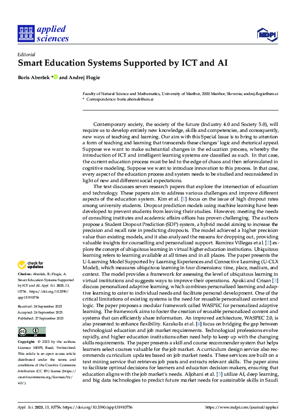 (PDF) Smart Education Systems Supported by ICT and AI