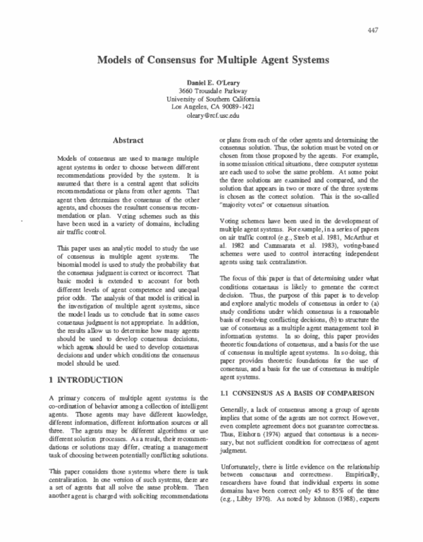 (PDF) Models of Consensus for Multiple Agent Systems