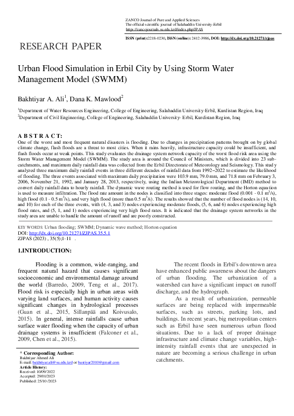 Pdf Urban Flood Simulation In Erbil City By Using Storm Water
