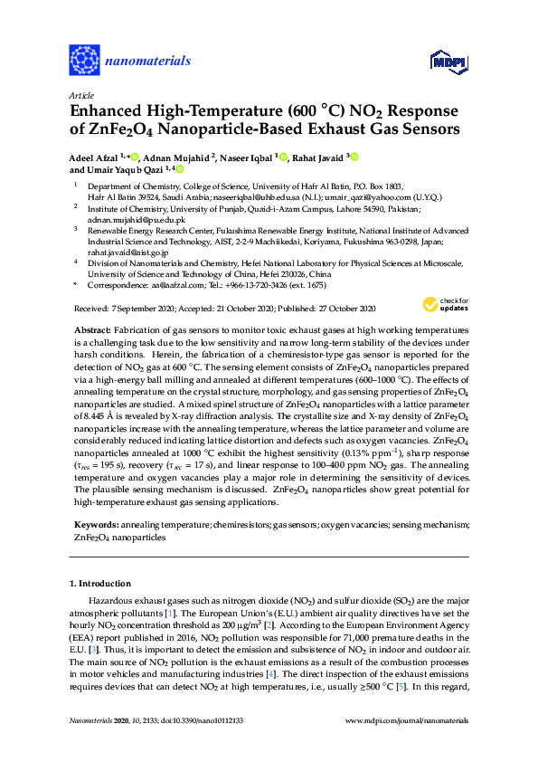 (PDF) Enhanced High-Temperature (600 °C) NO2 Response of ZnFe2O4 ...