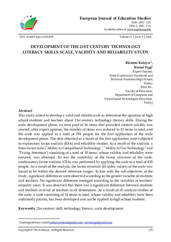 (PDF) Development of the 21ST Century Technology Literacy Skills Scale, Validity and Reliability ...