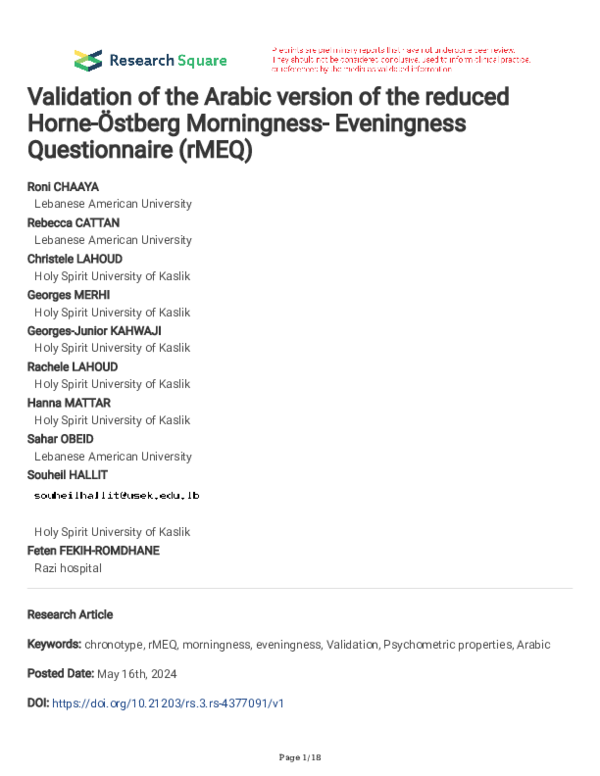 (PDF) Validation of the Arabic version of the reduced Horne-Östberg ...
